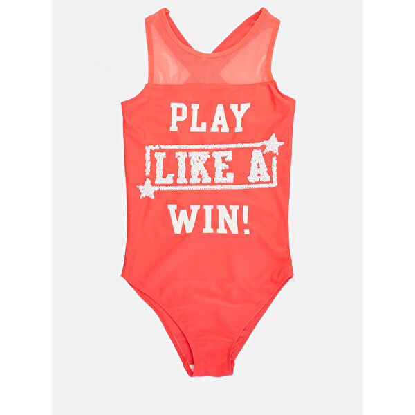 Kız Çocuk Yazı Baskılı Pul İşlemeli Mayo