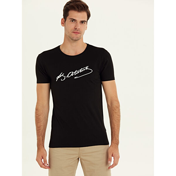 Bisiklet Yaka Kısa Kollu Atatürk İmzası Baskılı Erkek Tişört