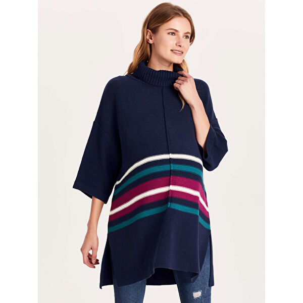 Dik Yaka Çizgili Kısa Kollu Kadın Hırka