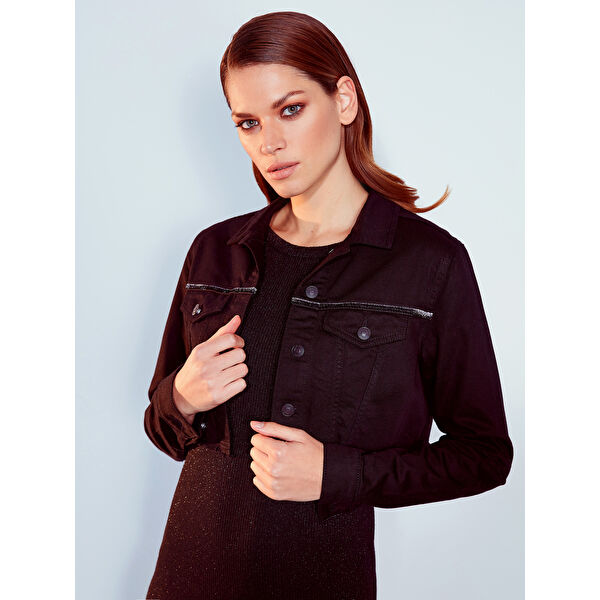 Işıltı Detaylı Uzun Kollu Kadın Kısa Jean Ceket