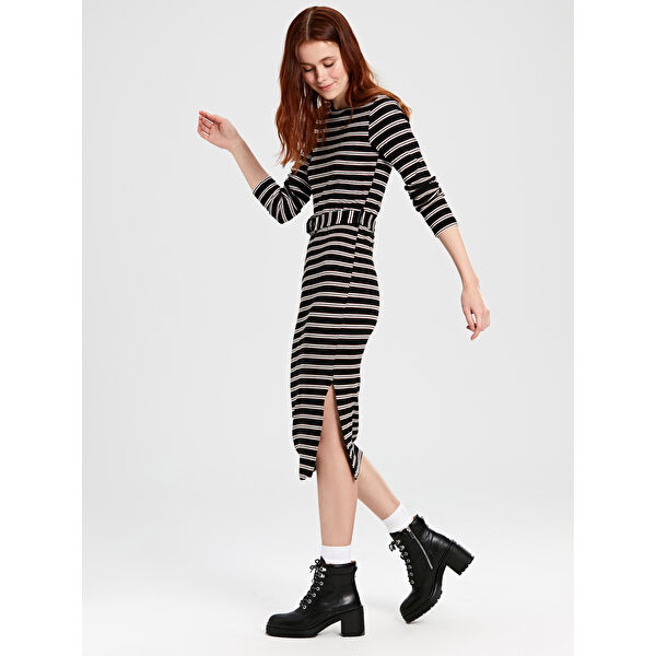 Çizgi Desenli Kuşaklı Kalem Elbise