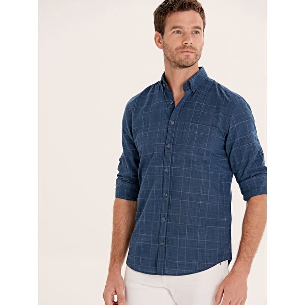 Regular Fit Ekose Uzun Kollu Poplin Gömlek