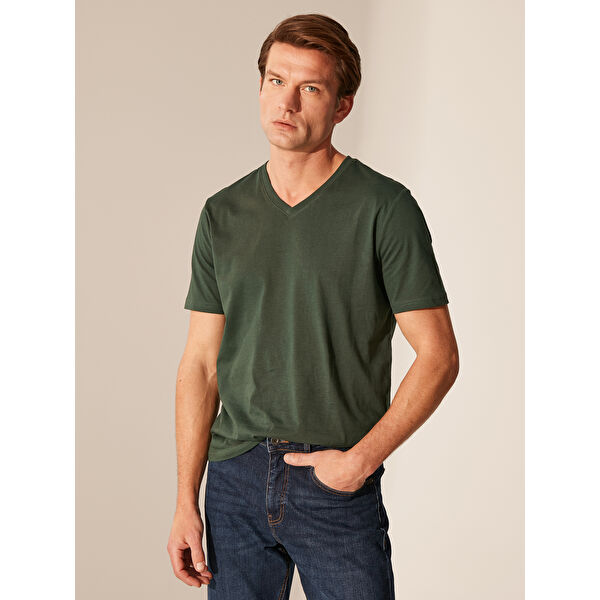 V Yaka Kısa Kollu Basic Pamuklu Erkek Tişört