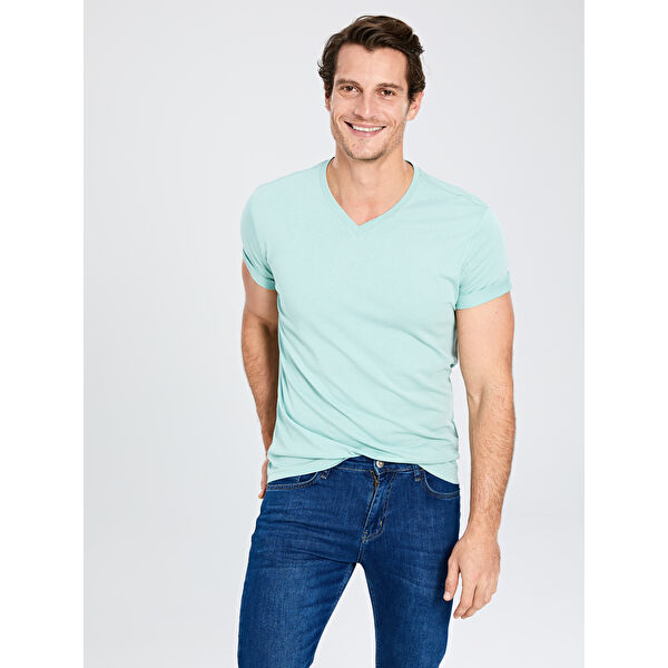 V Yaka Kısa Kollu Basic Pamuklu Erkek Tişört