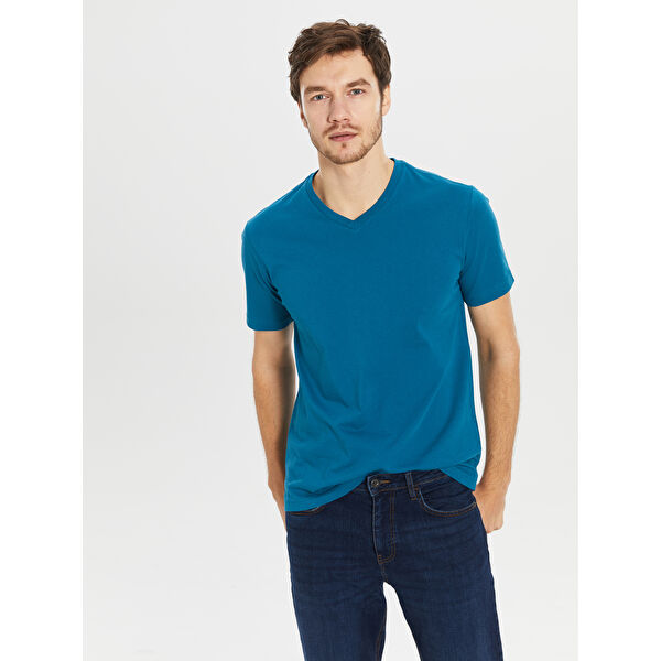 V Yaka Kısa Kollu Basic Pamuklu Erkek Tişört