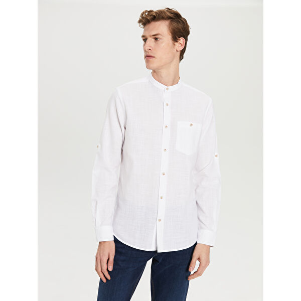 Regular Fit Uzun Kollu Hakim Yaka Keten Karışımlı Gömlek Regular Fit Uzun Kollu Hakim Yaka Keten Karışımlı Gömlek