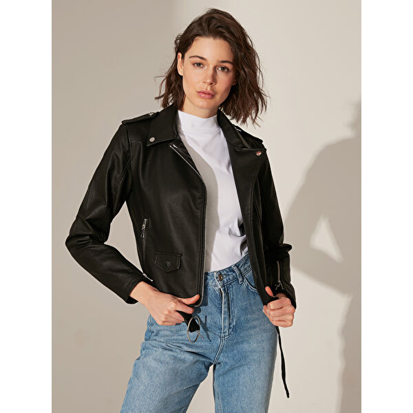 LCW CASUAL Gömlek Yaka Uzun Kollu Kadın Deri Görünümlü Mont