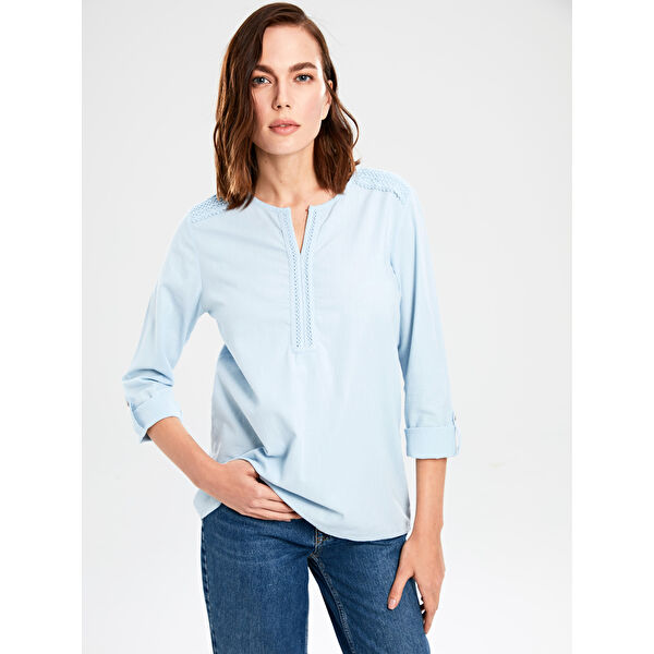 Dantel Detaylı Pamuklu Uzun Kollu Kadın Bluz