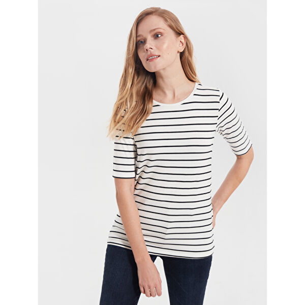 Çizgili Esnek Kısa Kollu Kadın Tişört