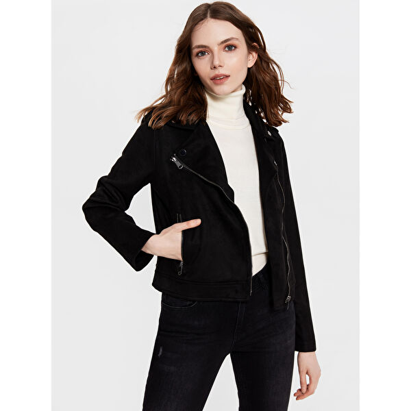 Süet Görünümlü Uzun Kollu Kadın Biker Mont