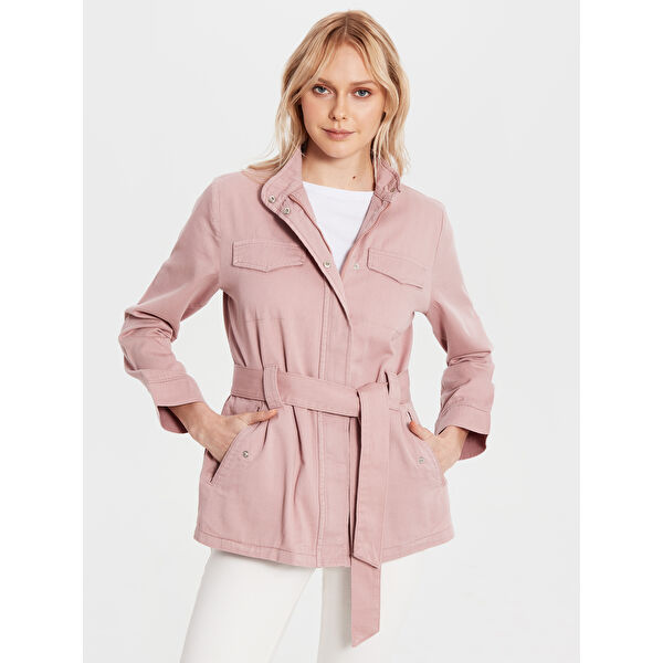 Kuşaklı Dik Yak Uzun Kollu Kadın İnce Mont