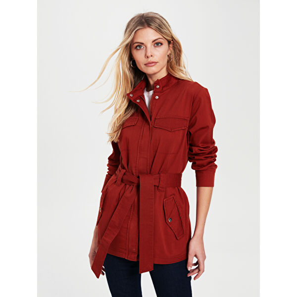 Kuşaklı Dik Yak Uzun Kollu Kadın İnce Mont