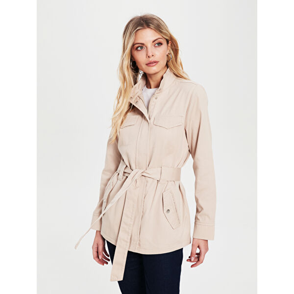 Kuşaklı Dik Yak Uzun Kollu Kadın İnce Mont