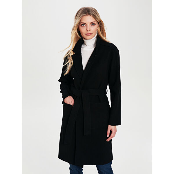 Ceket Yaka Düz Uzun Kollu Kadın Kaşe Kaban