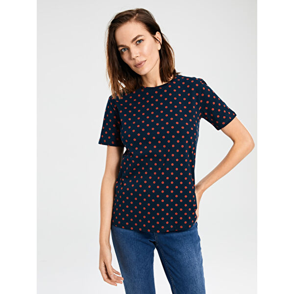 Puantiyeli Pamuklu Kısa Kollu Kadın Tişört