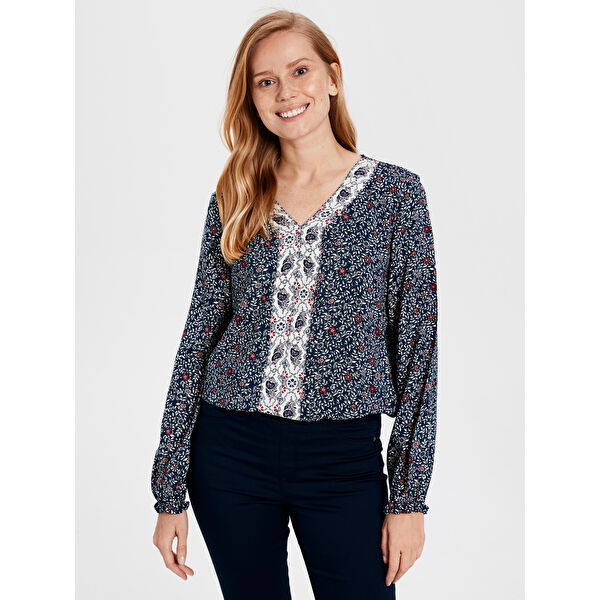 Çiçek Desenli Viskon Uzun Kollu Kadın Bluz