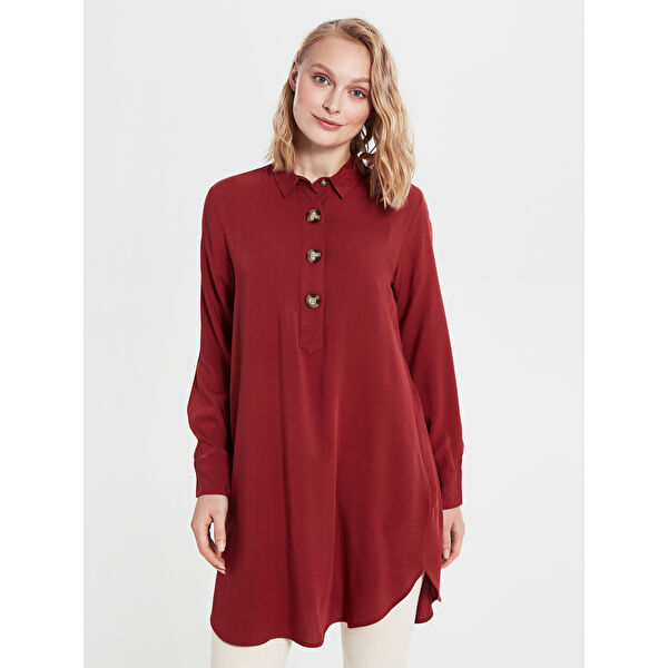 Yakası Düğmeli Viskon Uzun Kollu Kadın Tunik