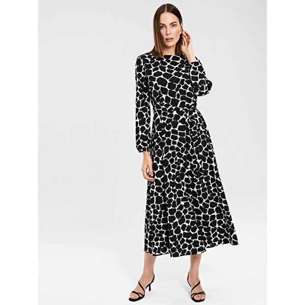 Desenli Kuşaklı Uzun Kollu Kadın Krep Elbise Desenli Kuşaklı Uzun Kollu Kadın Krep Elbise