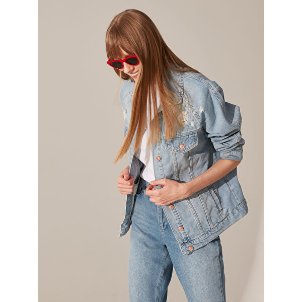 Oversize Uzun Kollu Kadın Jean Ceket