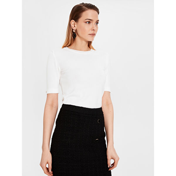 Düz İnce Bisiklet Yaka Kısa Kollu Kadın Kazak