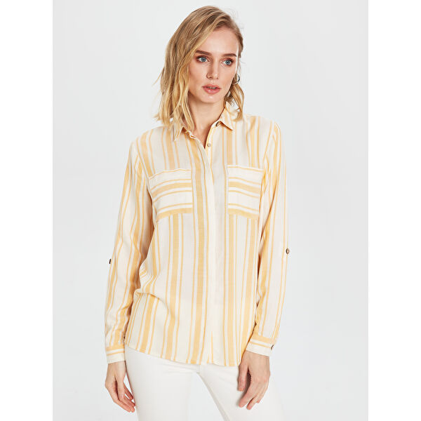 Cep Detaylı Çizgi Desenli Uzun Kollu Kadın Gömlek