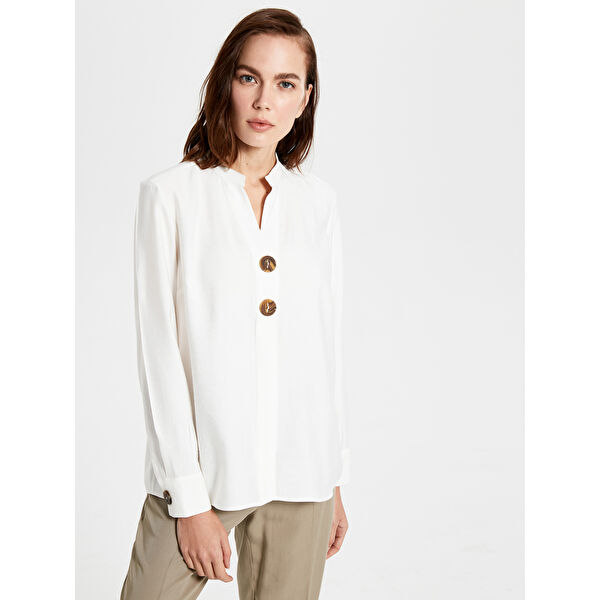 Düğme Detaylı Uzun Kollu Kadın Viskon Bluz