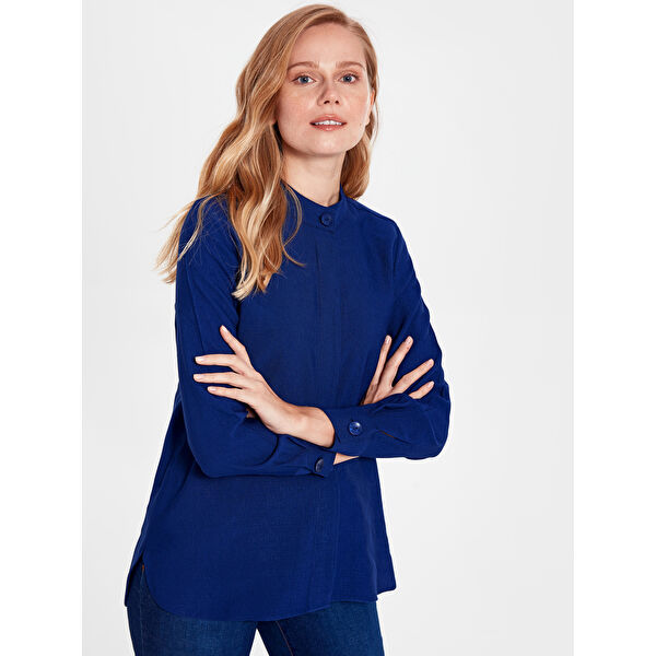 Hakim Yaka Düğmeli Düz Uzun Kollu Viskon Kadın Gömlek