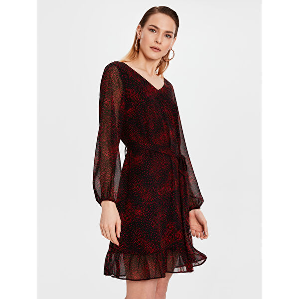 LCW VISION V Yaka Standart Fit Uzun Kollu Şifon Kadın Elbise