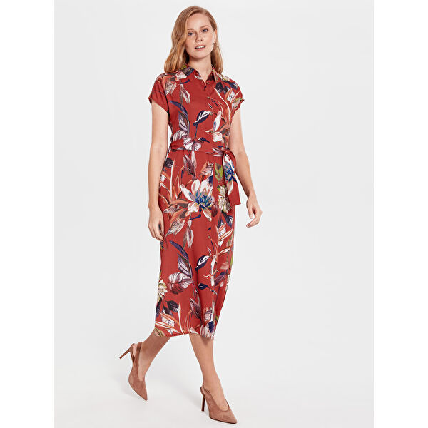 Kuşaklı Desenli Gömlek Elbise