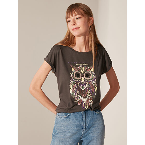 Baykuş Baskılı Kısa Kollu Kadın Tişört Baykuş Baskılı Kısa Kollu Kadın Tişört