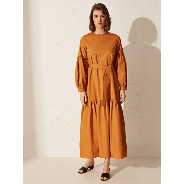 Kuşaklı Uzun Poplin Elbise