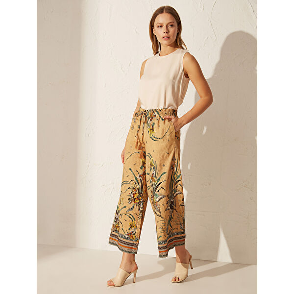 Yüksek Bel Desenli Bol Viskon Pantolon