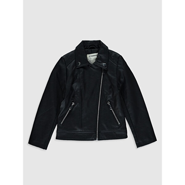 Gömlek Yaka Deri Görünümlü Kız Çocuk Ceket