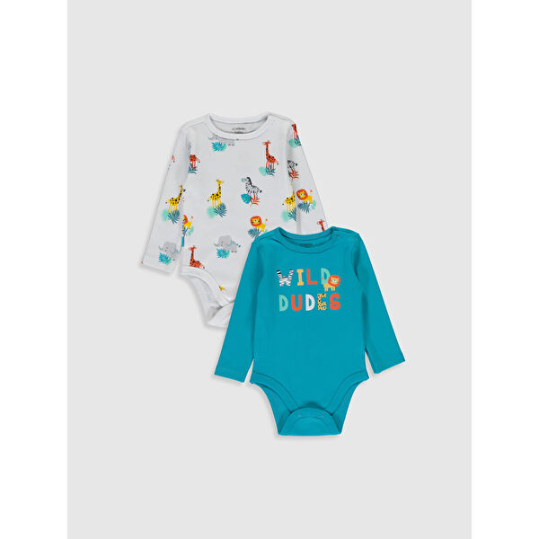 Bisiklet Yaka Uzun Kol Baskılı Erkek Bebek Çıtçıtlı Body 2'li