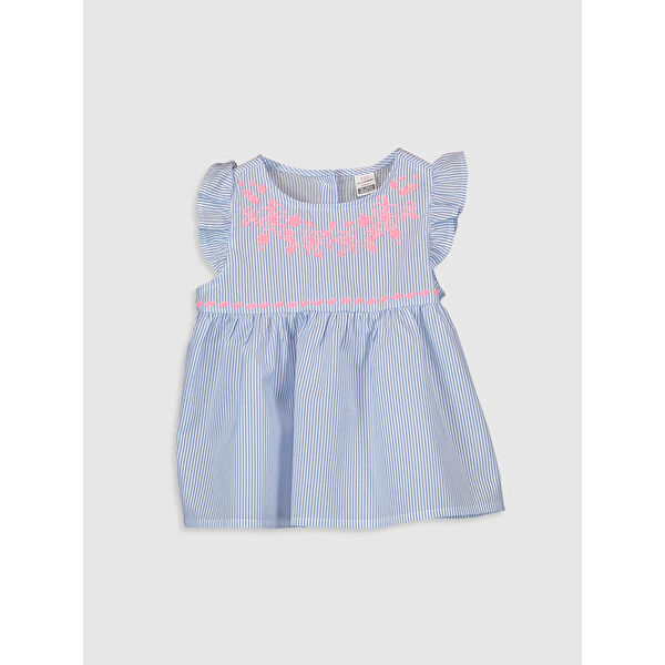 Bisiklet Yaka Çizgili Nakış Detaylı Poplin Kız Bebek Bluz