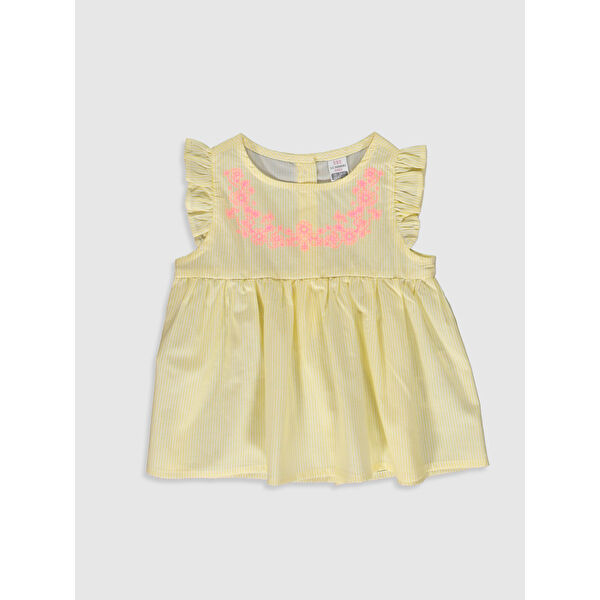 Bisiklet Yaka Çizgili Nakış Detaylı Poplin Kız Bebek Bluz