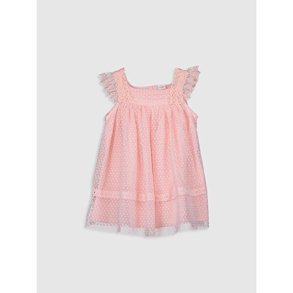 Kare Yaka Askılı Kendinden Desenli Kız Bebek Elbise