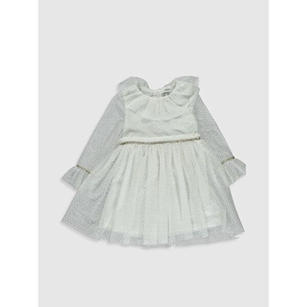 Bisiklet Yaka Uzun Kollu Desenli Tül Detaylı Kız Bebek Gelinlik Bisiklet Yaka Uzun Kollu Desenli Tül Detaylı Kız Bebek Gelinlik