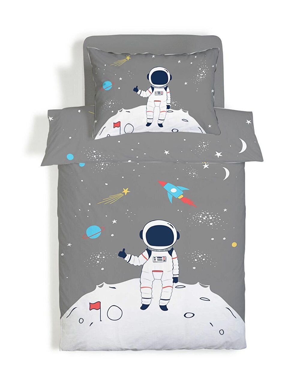GRİ Astronot Desenli Çarşafsız 2'li Takım Baskılı Tek Kişilik Nevresim ...
