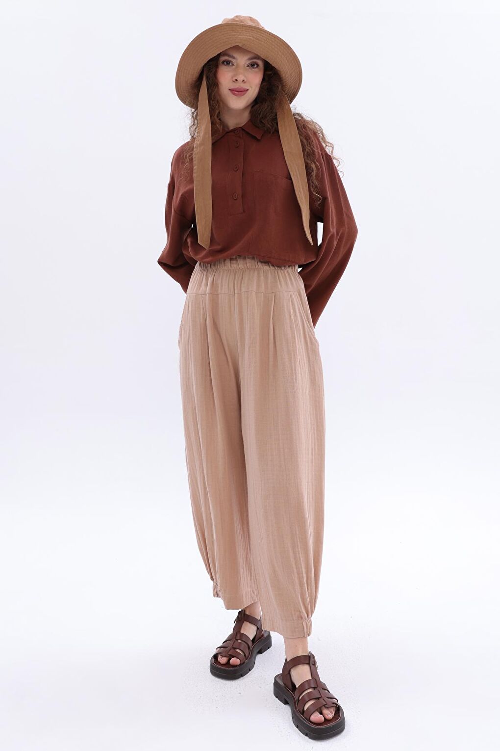 BEJ Bej Pileli Geniş Paçalı Lastikli Şalvar Pantolon - S000019671-19928 ...