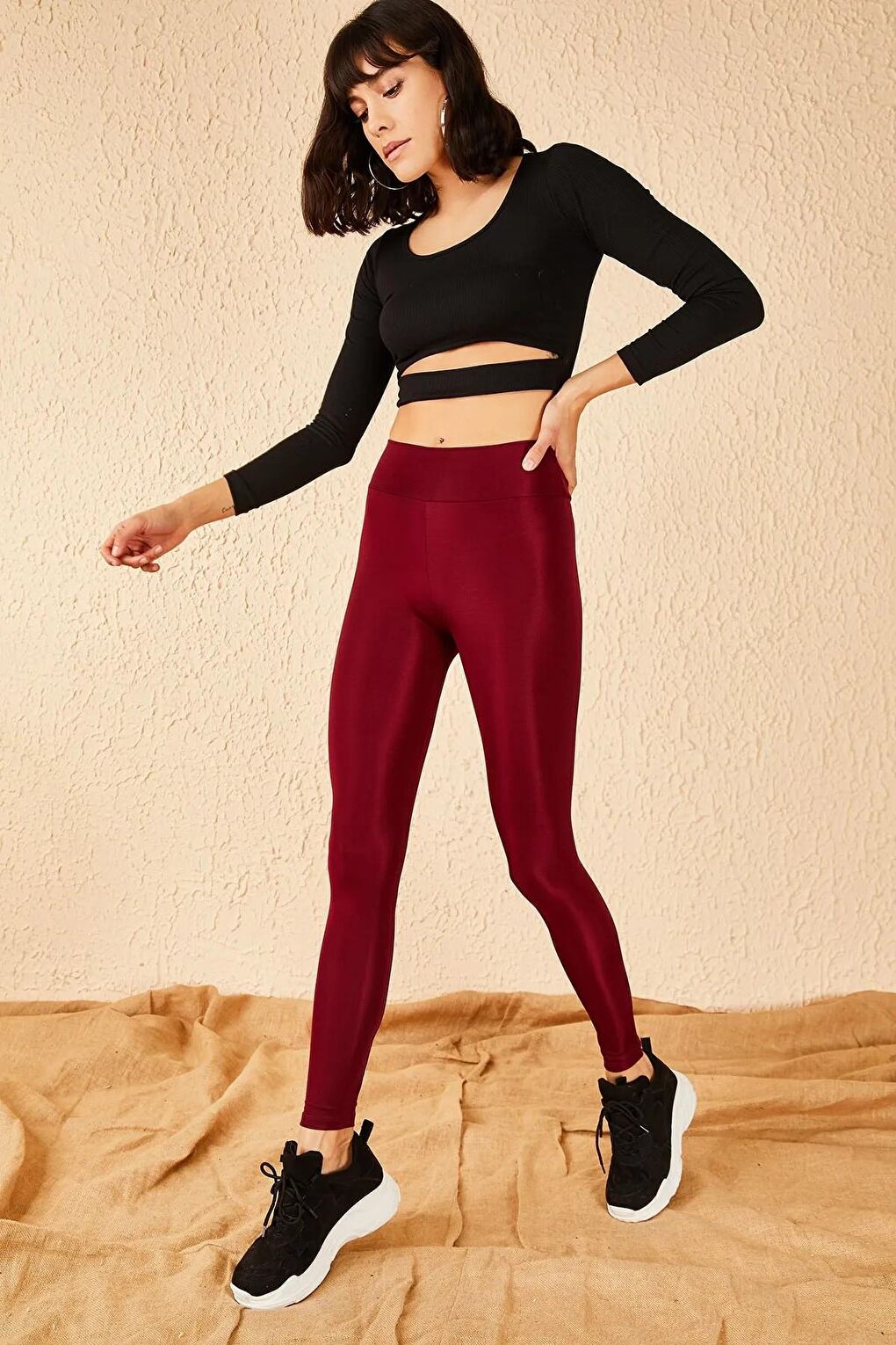 BORDO Uzun Kemerli Toparlayıcı Parlak Disko Tayt Fitness - S000043464 ...