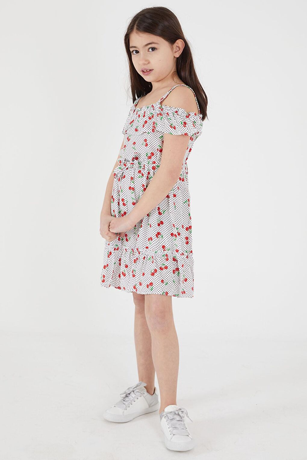 BEYAZ Beyaz Kiraz Desenli Askılı Fötr Şapkalı Kız Elbise 15064 ...