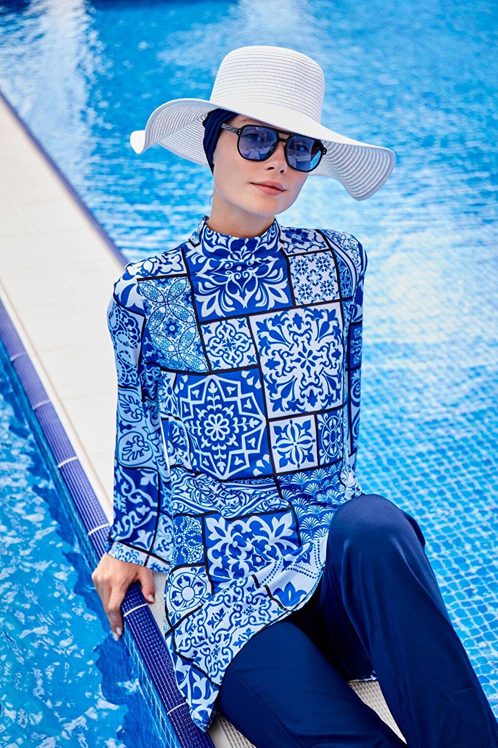 BEJ Marina Mayo İp Bağlamalı 4'lü Lacivert Çini Desenli Tam Kapalı ...