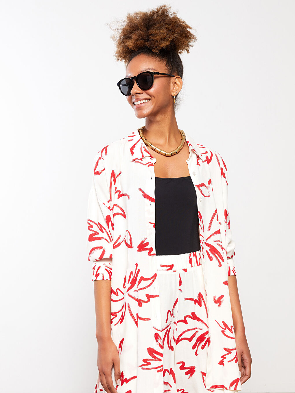 EKRU Gömlek Yaka Desenli Uzun Kollu Poplin Kadın Plaj Elbisesi ...