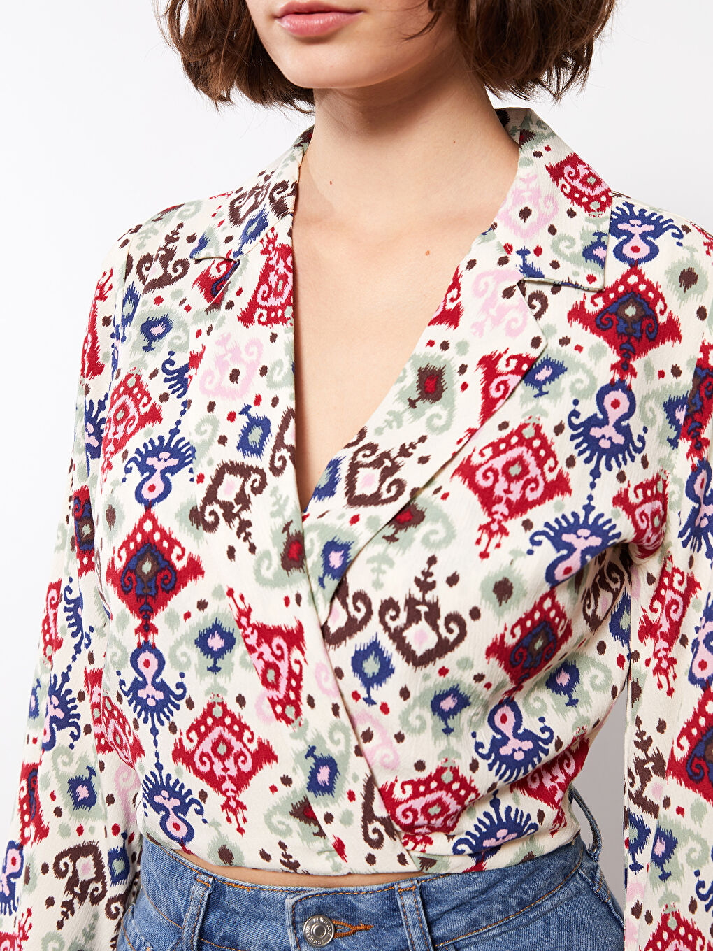 Double Breasted Collar Patterned Long Sleeve Viscose Women's Blouse ...