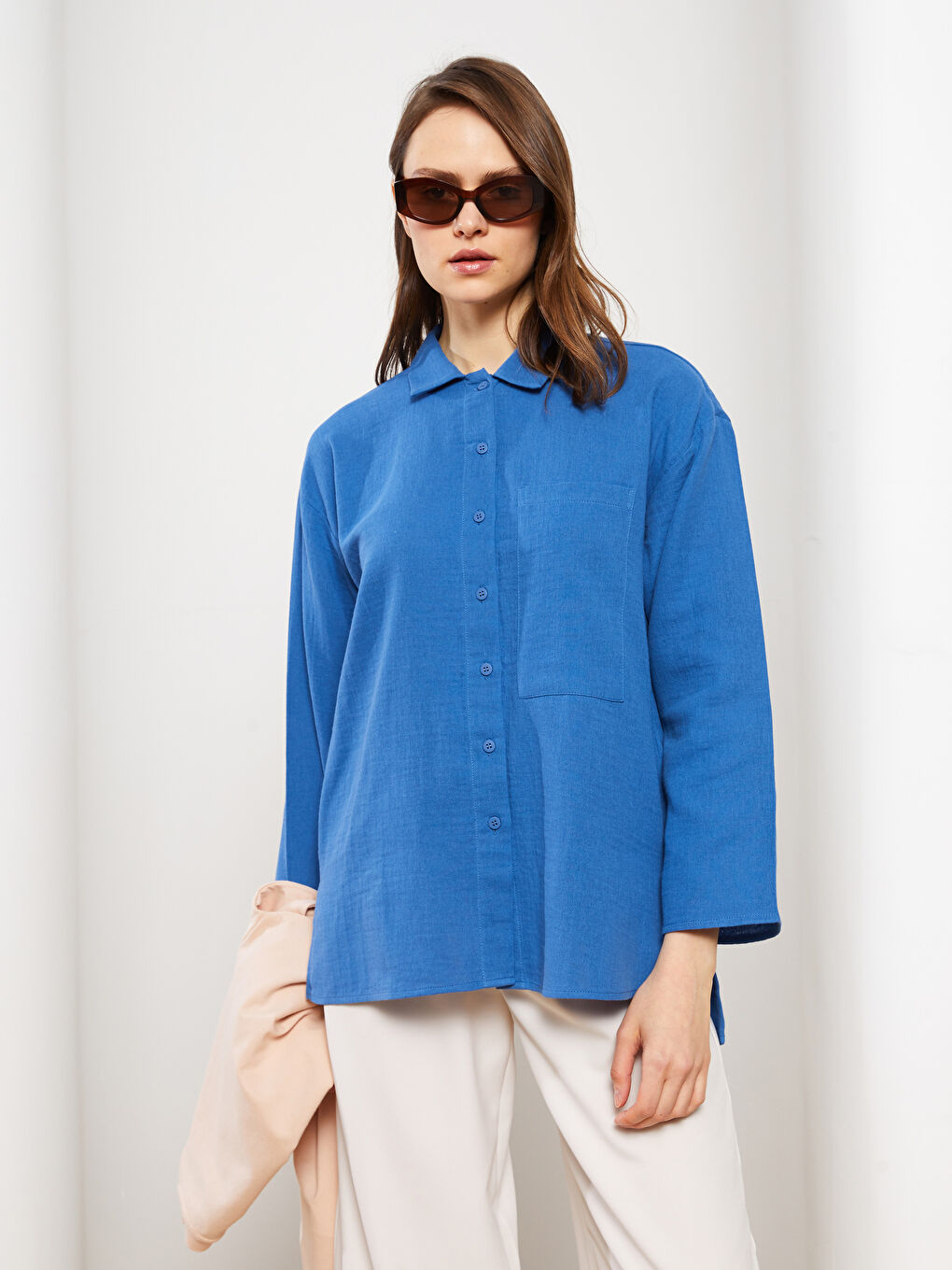 Front Button Closure Plain Long Sleeve Oversize Muslin Fabric Women's ...