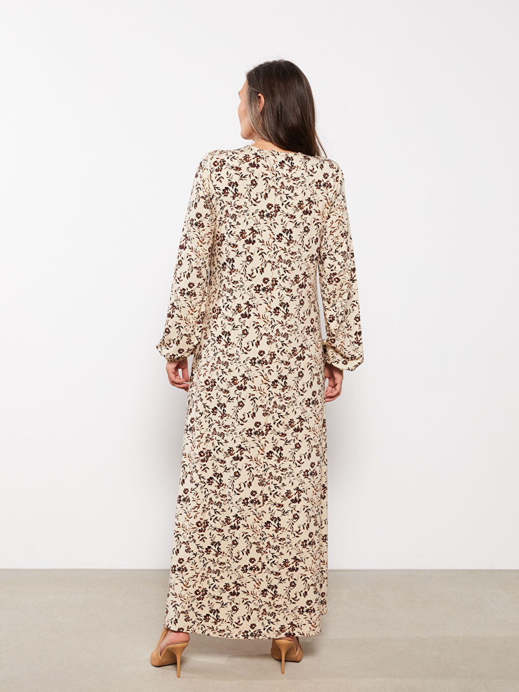 BEJ Bisiklet Yaka Desenli Uzun Kollu A Kesim Kadın Elbise - S2KM78Z8 ...