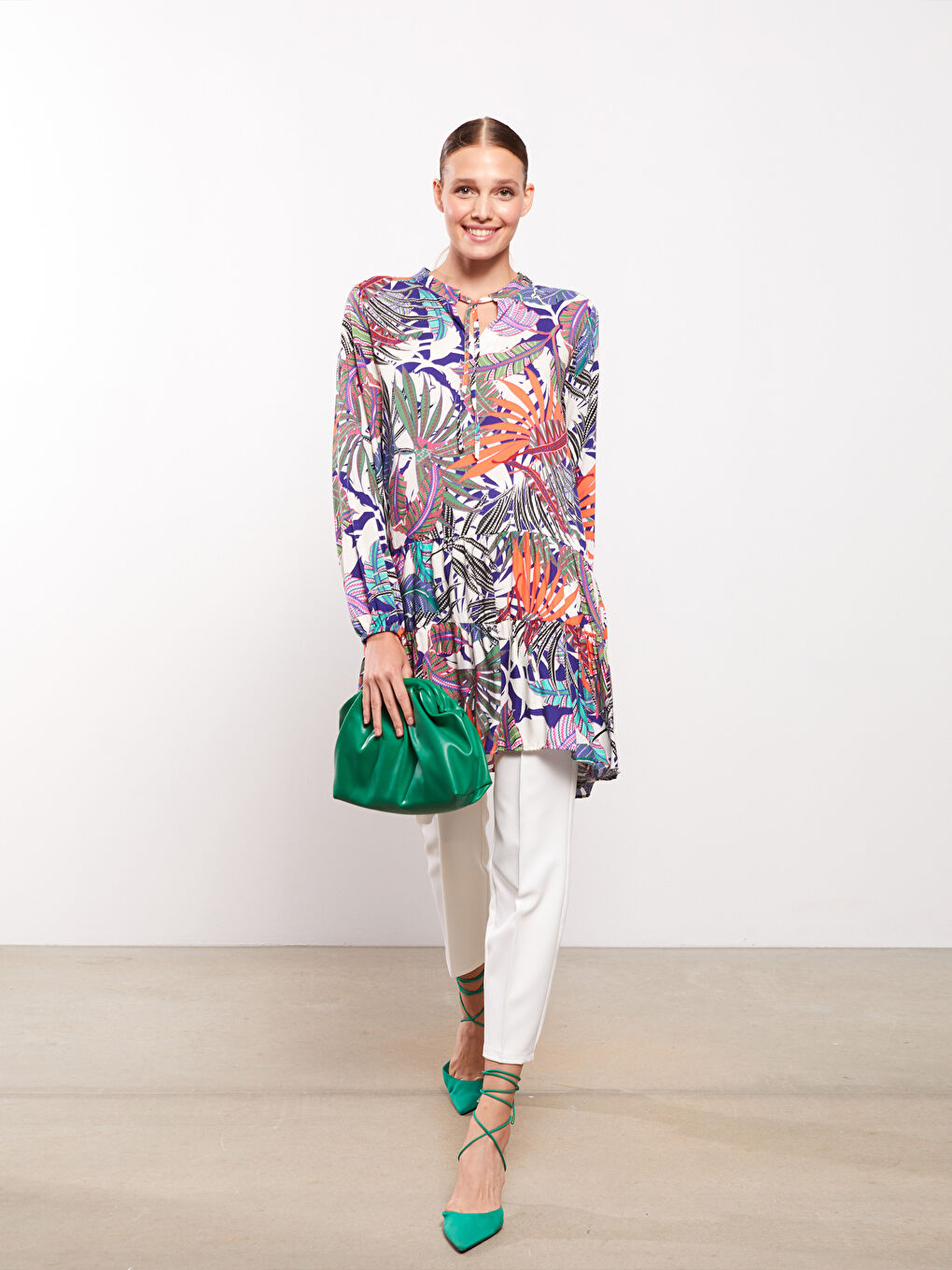 Crew Neck Patterned Long Sleeve Viscose Women's Tunic -S2LG67Z8-F9C ...