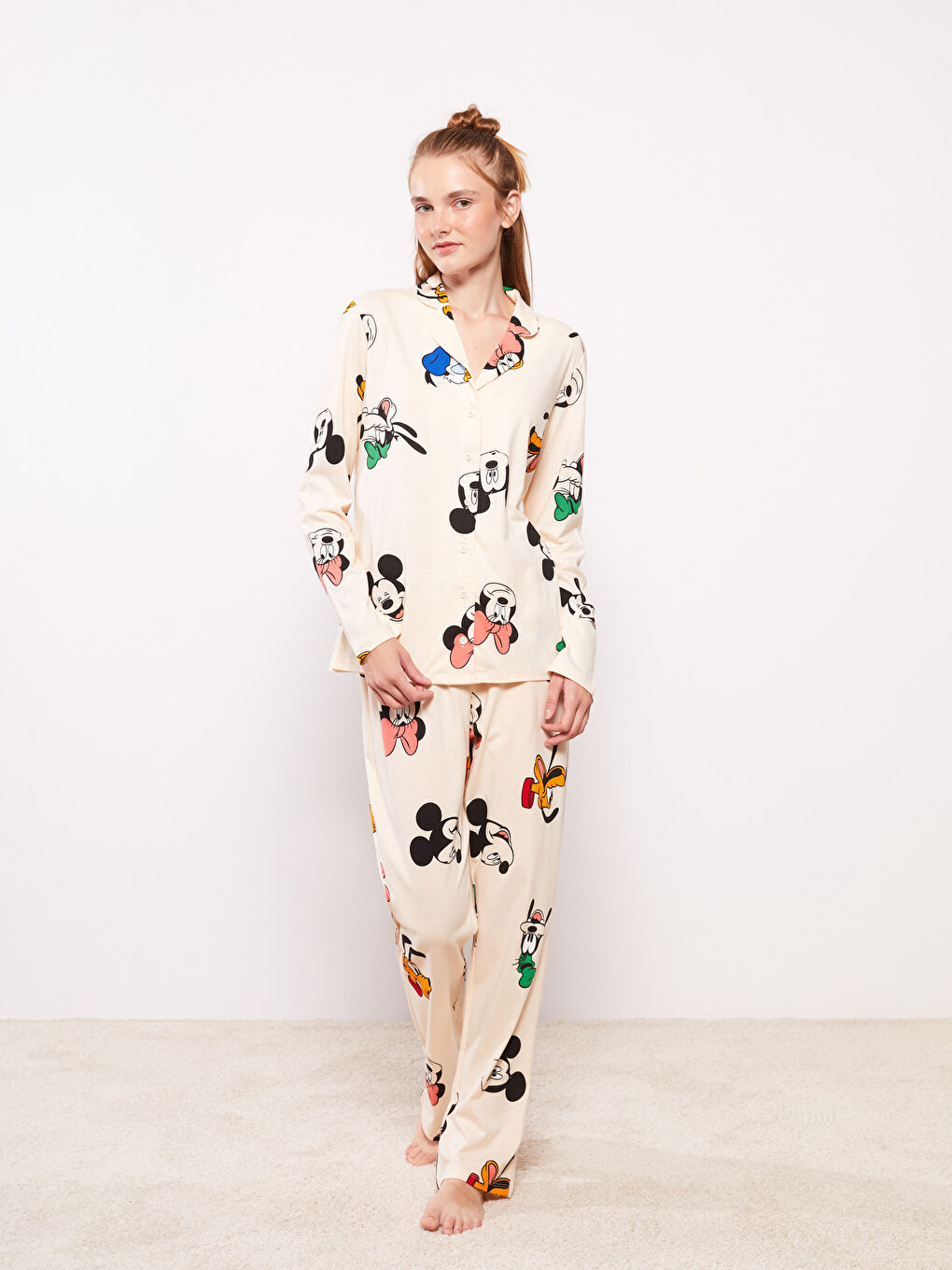 Shirt Collar Mickey Mouse Printed Long Sleeve Cotton Women's Pajamas ...