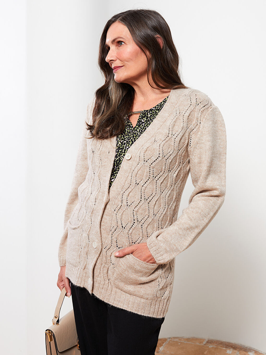 V Neck Self Patterned Long Sleeve Women's Tricot Cardigan -W27092Z8-D4N ...